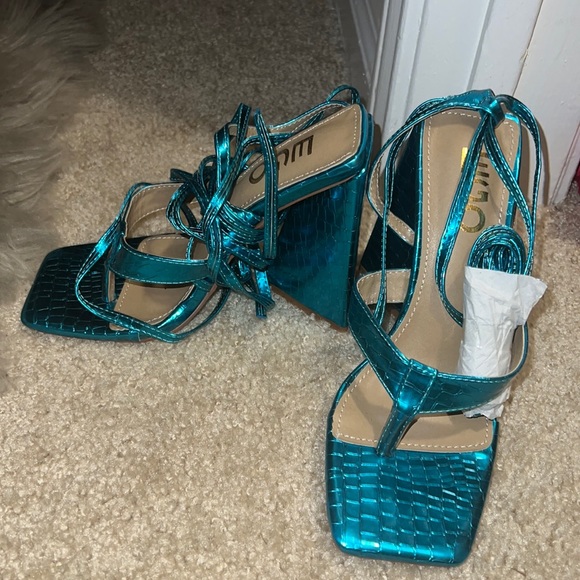 EGO | Shoes | Ego Metallic Blue Lace Up Heels | Poshmark